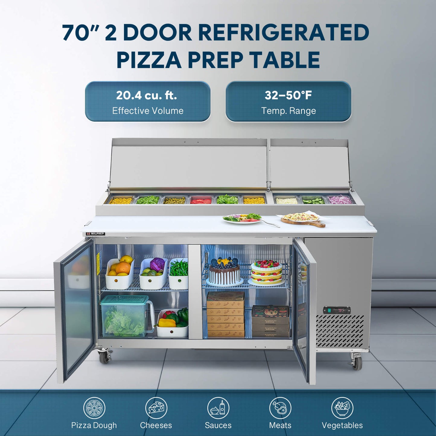 70-inch 2 Door Pizza Prep Table Refrigerator – Wilprep Kitchen