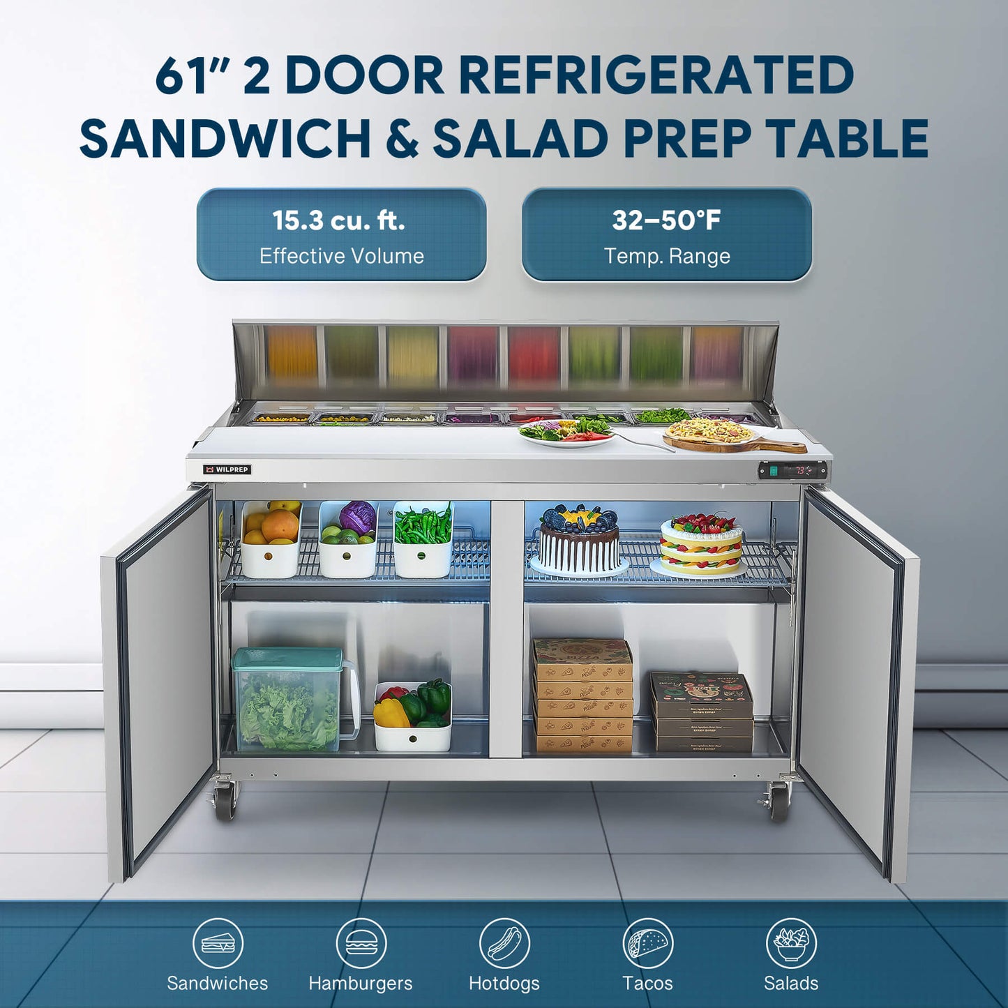61-inch 2 Door Salad Prep Table Refrigerator – Wilprep Kitchen